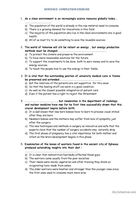 Sentence Completion General Grammar English ESL Worksheets Pdf Doc