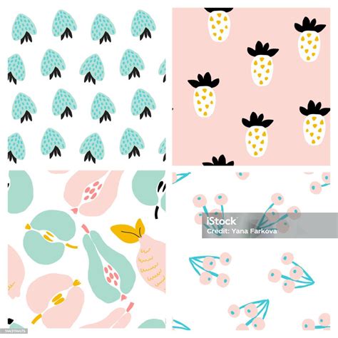 추상 과일 완벽 한 패턴입니다 현대 컷아웃 인물 열대 그림 손으로 그린 과일 딸기로 현대적인 프린트를 콜라주 그래픽 패턴 사과 딸기 복숭아 배 파인애플 감귤류 과일에 대한