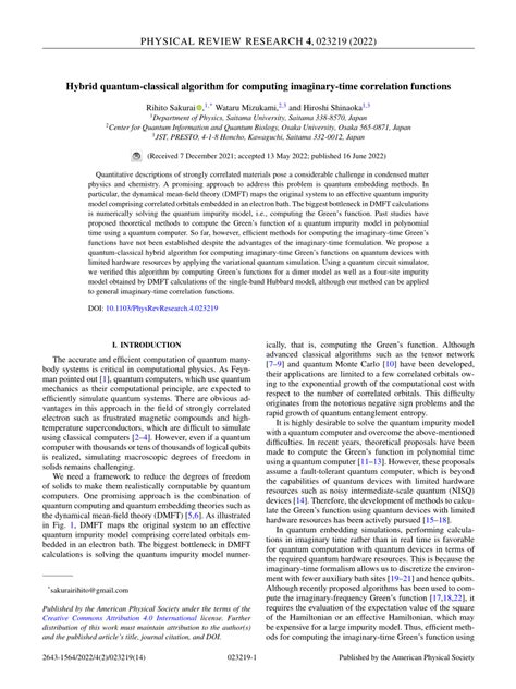 Pdf Hybrid Quantum Classical Algorithm For Computing Imaginary Time Correlation Functions