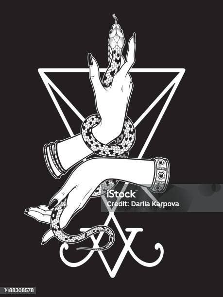 여성의 손에 든 뱀은 루시퍼 라인 아트와 도트 워크의 인장 위에 있습니다 보헤미안 세련된 문신 포스터 태피스트리 또는 제단 베일 프린트 디자인 벡터 일러스트레이션 마녀에