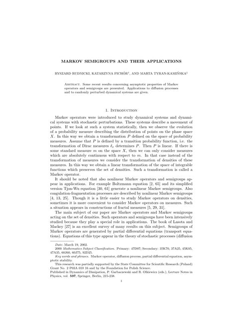 Pdf Markov Semigroups And Their Applications