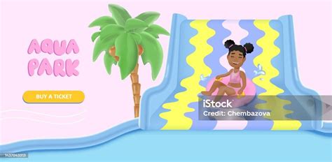 풍선 반지를 타고 소녀와 함께 워터 슬라이드 아쿠아 파크의 벡터 3d 그림 대출 페이지 배너에 대한 워터파크 개념 3차원 형태에 대한 스톡 벡터 아트 및 기타 이미지