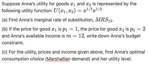Solved Suppose Annas Utility For Goods X1 And X2 Is