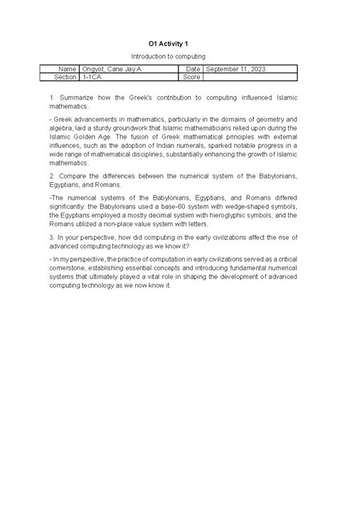 01 Activity 1 Intro To Computing O1 Activity 1 Introduction To