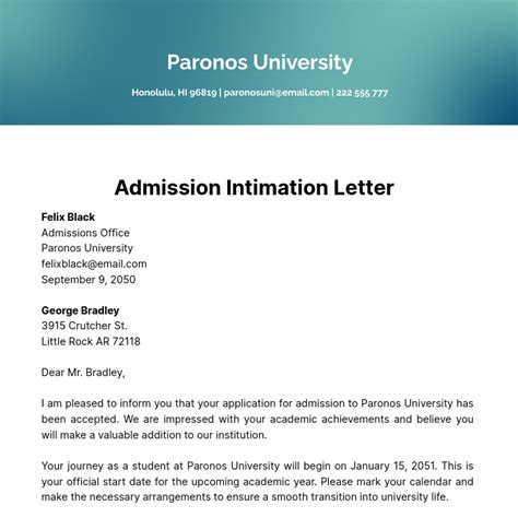 Free Admission Intimation Letter Template To Edit Online