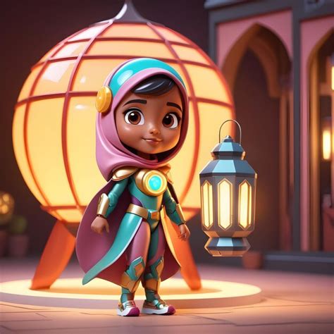 Premium Photo Arabic Girl Superhero Character And Ramadan Lantern