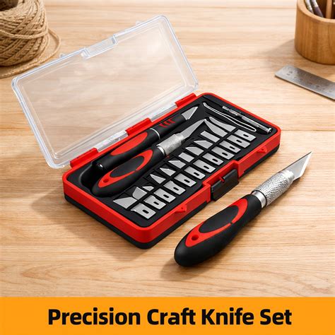Precision Craft Knife Set With 16 Blades Red And Black Handle Non