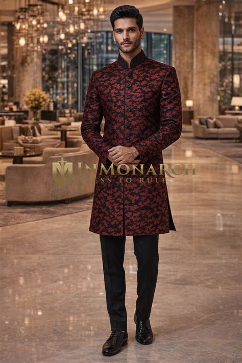 Maroon Silk Indo Western For Groom Inmonarch