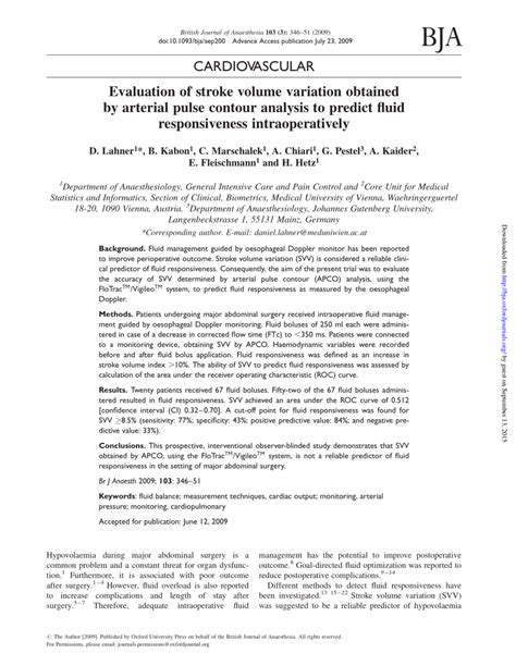 Pdf Evaluation Of Stroke Volume Variation Obtained By Arterial Pulse Contour Analysis To