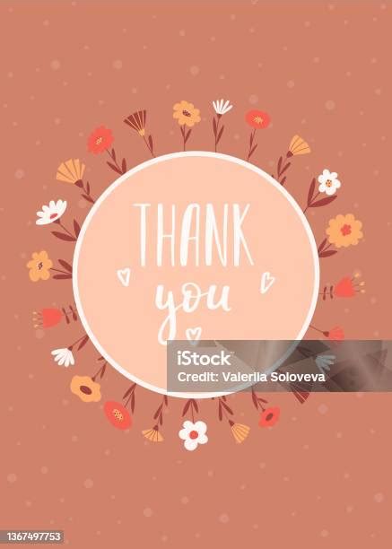 간단한 꽃화환과 손으로 쓴 문구가있는 엽서 감사합니다 사랑 로맨스 감사 감사의 상징 베이지 색 배경에 플랫 벡터 일러스트레이션을 색칠합니다 감사에 대한 스톡 벡터 아트 및