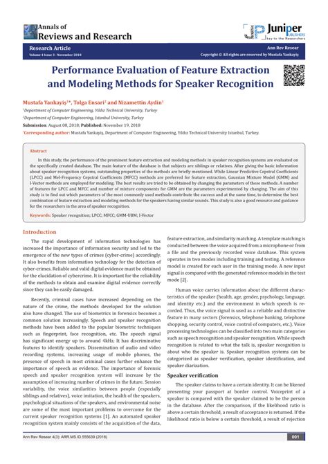 Pdf Performance Evaluation Of Feature Extraction And Modeling Methods For Speaker Recognition