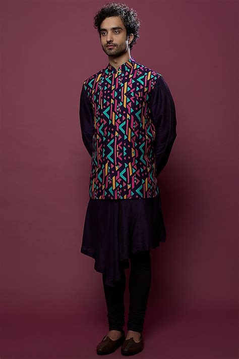 Purple Asymmetric Kurta Set With Nehru Jacket By Aces By Arjun Agarwal At Pernias Pop Up Shop 2025