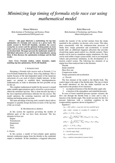 Pdf Minimizing Lap Timing Of Formula Style Race Car Using Mathematical Model