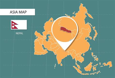 Nepal Map In Asia Zoom Version Icons Showing Nepal Location And Flags