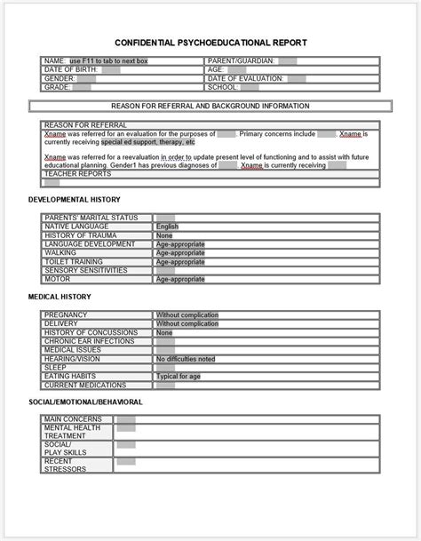 Complete Psychoeducational Assessment Testing Report Template Shell