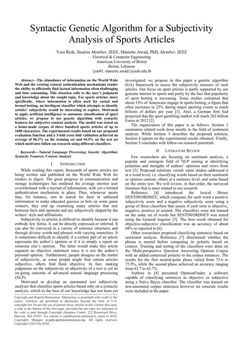 Pdf Syntactic Genetic Algorithm For A Subjectivity Analysis Of Sports Articles