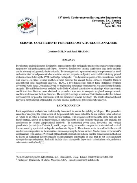 Seismic Coeficients For Pseudo Static Slope Analsysis Download Free
