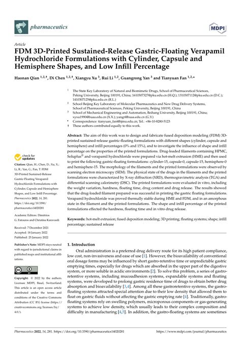 Pdf Fdm 3d Printed Sustained Release Gastric Floating Verapamil
