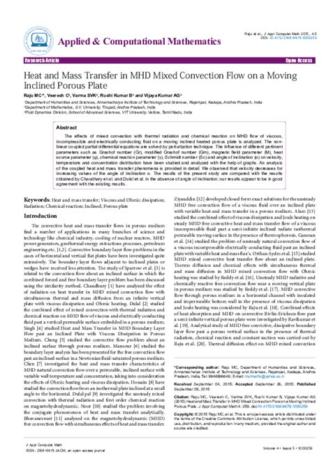 Pdf Heat And Mass Transfer In Mhd Mixed Convection Flow On A Moving Inclined Porous Plate