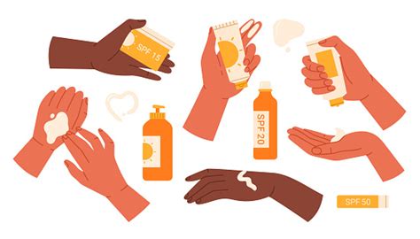 손은 Spf 크림 세트를 사용 하 고 있습니다 자외선 차단제 자외선 차단제 제품 컬렉션 스킨 케어 및 자외선 차단 개념 만화