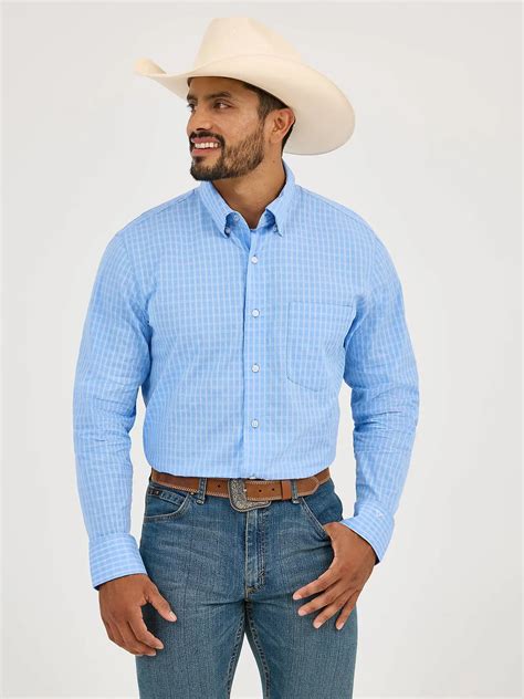 Wrangler Mens Cody Johnson One Pocket Bluebell Check Button Down Shirt