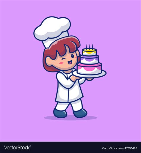 Cute Female Chef Bring Birthday Cake Cartoon Vector Image