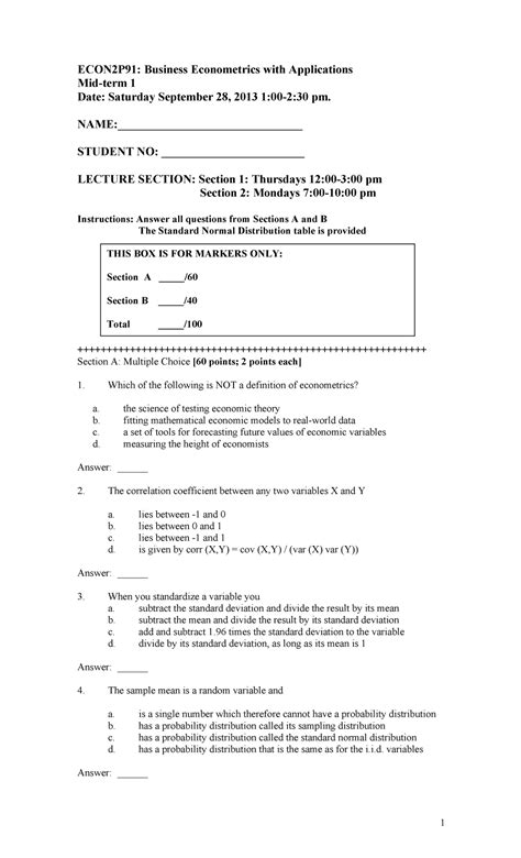 Midterm Questions ECON P Business Econometrics With Applications Mid Term Date