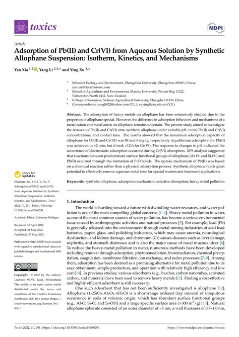 Pdf Adsorption Of Pbii And Crvi From Aqueous Solution By Synthetic Allophane Suspension
