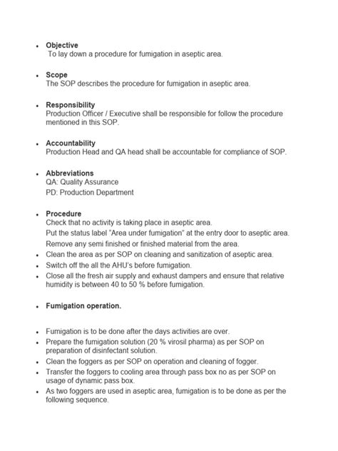 Sop Fumigation In Sterile Area Pdf