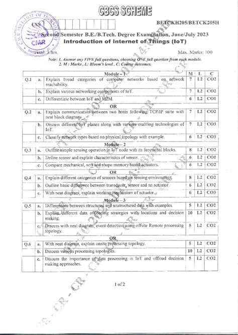Introduction To Iot June July Model Papers Cbcs Scheme Usn The Second Semester Degree