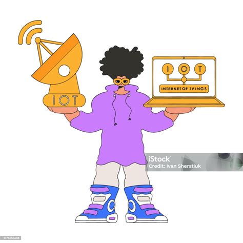 노트북과 앉아있는 접시를 가진 친구 사물 인터넷에 연결 감시에 대한 스톡 벡터 아트 및 기타 이미지 감시 그릇 기계류