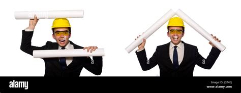 Funny Architect With Drawings On White Stock Photo Alamy