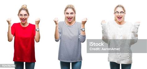 고립 된 배경 위에 젊은 아름 다운 금발 여자의 콜라주 놀라게 하 고 팔을 제기 하 고 열려있는 눈으로 성공에 대 한 깜짝 놀라게 축 하 승자 개념입니다 구도에 대한 스톡