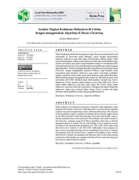 Pdf Analisis Tingkat Kelulusan Mahasiswa Di Unisba Dengan Menggunakan Algoritma K Means Clustering