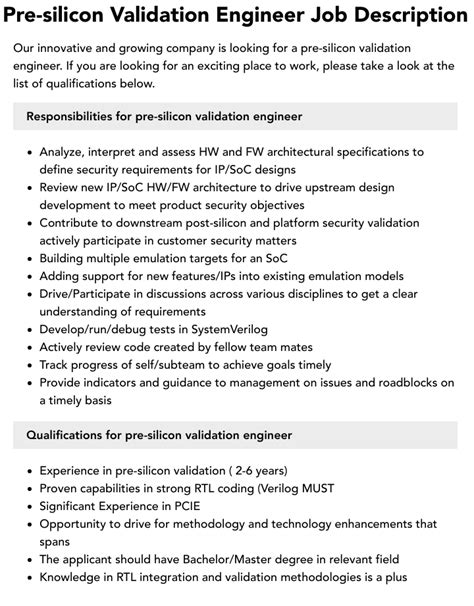 Pre Silicon Validation Engineer Job Description Velvet Jobs