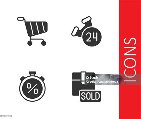 세트 판매 쇼핑 카트 스톱워치 퍼센트 할인 및 전화 24 시간 지원 아이콘 벡터 24에 대한 스톡 벡터 아트 및 기타 이미지 24 24 시간 영업 표시 Brand