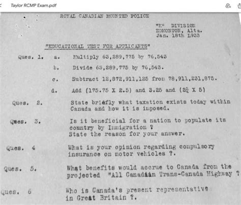 Rcmp Applicant Exam 1933 Subtraction Exam Alta