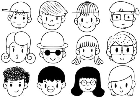 손으로 그린 귀여운 재미있는 아바타 만화 얼굴의 집합 프리미엄 벡터