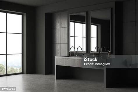 더블 세면대 거울 파노라마 창문이 있는 회색 욕실 인테리어 3차원 형태에 대한 스톡 사진 및 기타 이미지 3차원 형태 가정 생활 가정용 장비 Istock