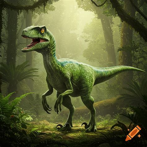 A Realistic Green Velociraptor With Yellow Eyes Stands In A Lush Misty