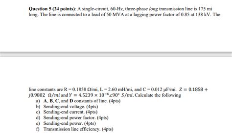 Solved Question 5 24 Points A Single Circuit 60 Hz
