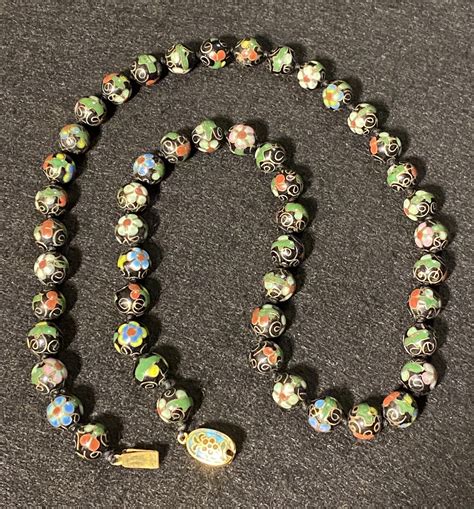 Vintage Cloisonné Bead Necklace With Filigree Cloison Gem