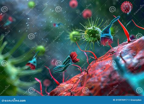 Complex Microscopic Microorganisms Attacking The Red Bacteria On An