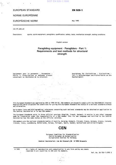 EN 926-1:1995 - Paragliding equipment - Paragliders - Part 1 ...