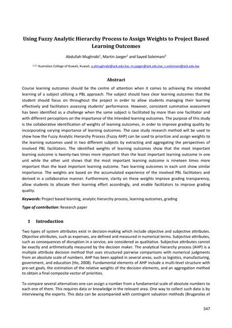 Pdf Using Fuzzy Analytic Hierarchy Process To Assign Weights To Project Based Learning Outcomes