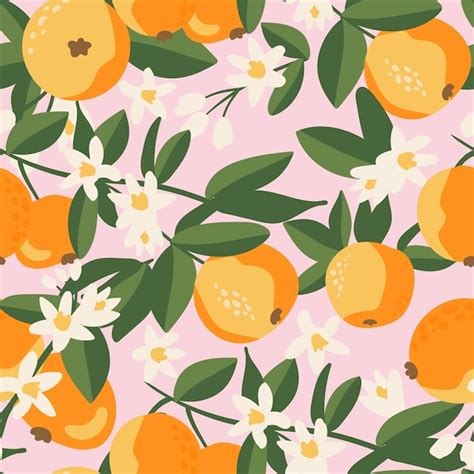 다채로운 오렌지와 꽃 벡터 감귤류 과일 배경으로 여름 열대 원활한 패턴 프리미엄 벡터
