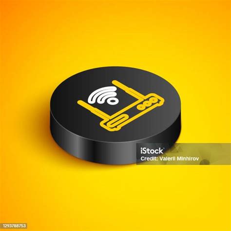 노란색 배경에서 격리된 등소 선 라우터 및 Wifi 신호 기호 아이콘입니다 무선 이더넷 모뎀 라우터 컴퓨터 기술 인터넷 검은 색 원 버튼 벡터 0명에 대한 스톡 벡터 아트