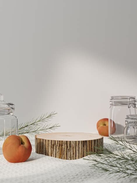 Абстрактная минимальная сцена с геометрическими формами цилиндрический деревянный подиум на