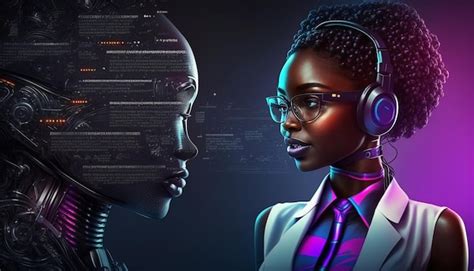 Premium Photo A Woman Wearing Headphones And A Headset Looks At A Robot