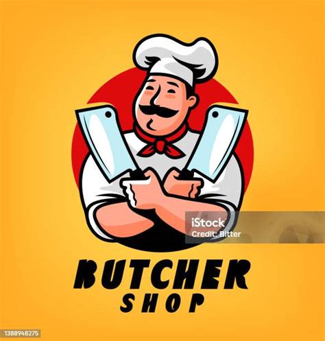 정육점 로고 농민 시장을위한 고기 칼을 가진 엠블럼 요리사 만화 캐릭터 벡터 일러스트레이션 로고에 대한 스톡 벡터 아트 및 기타 이미지 Istock